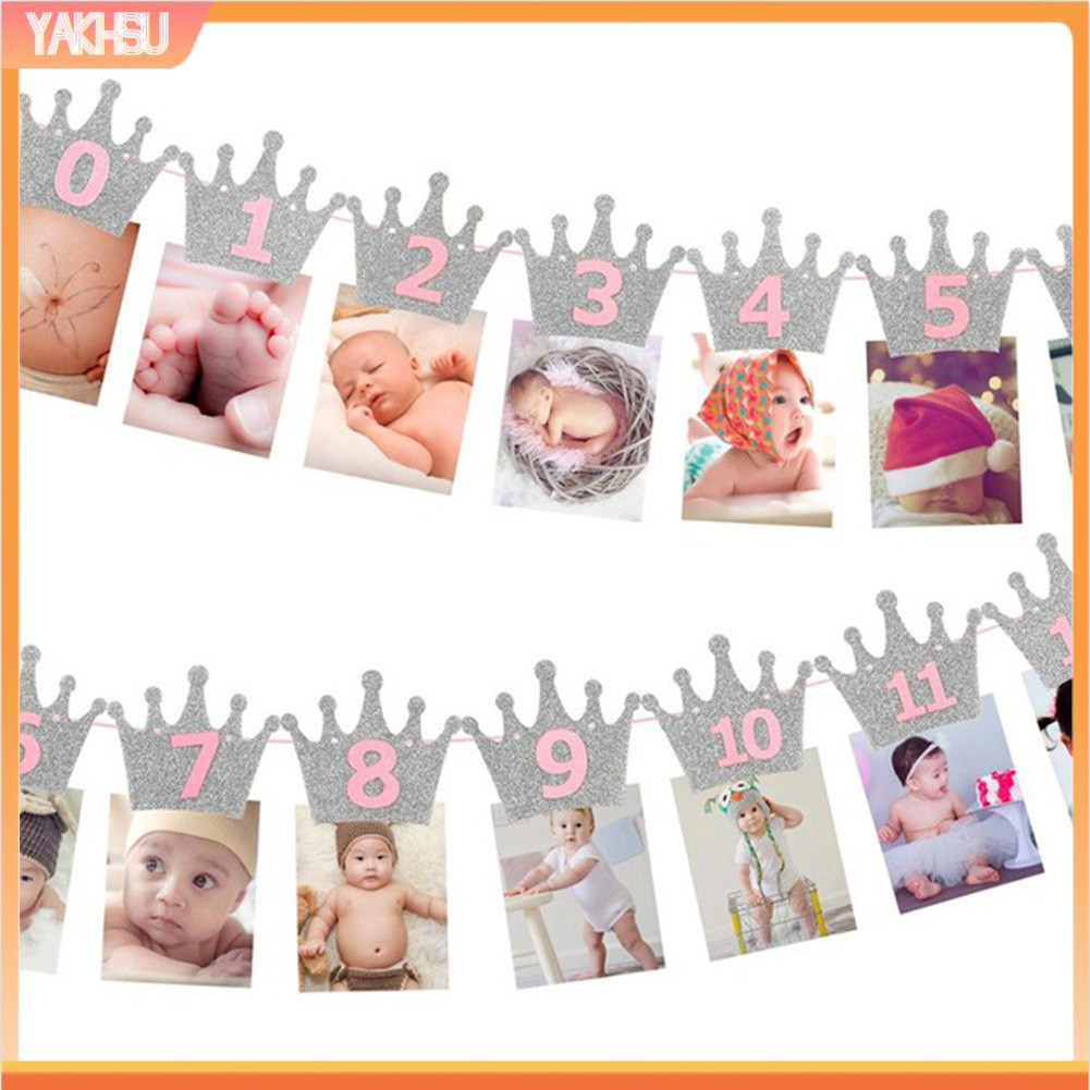 yakhsu| 1st Baby Birthday Party Glitter Crown Monthly Photo Banner 1-12 ...