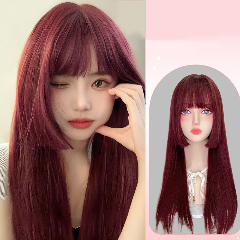 Girl Wine Red Long Straight Wig Wave Burgundy Princess Cut Bangs Full ...