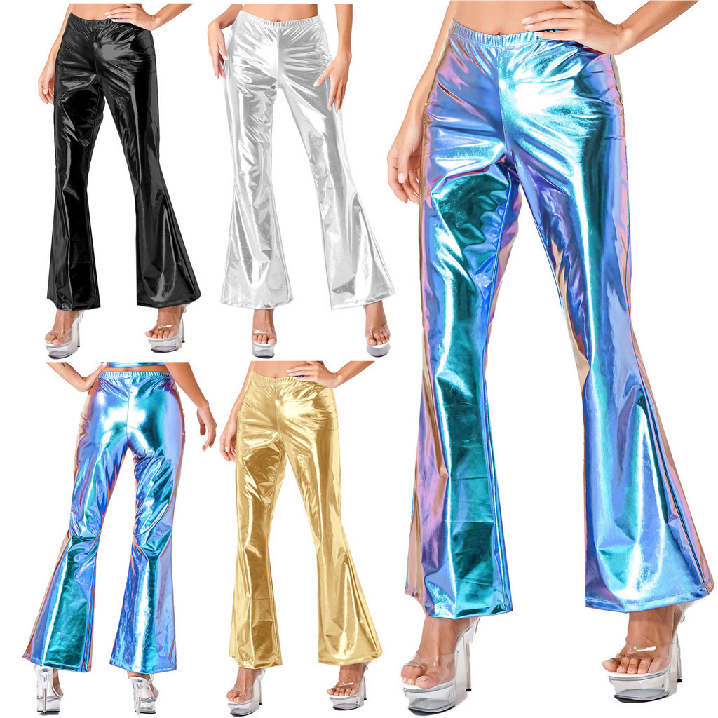 Miaeowve Womens Shiny Metallic Disco Pants Elastic Waistband Bell ...