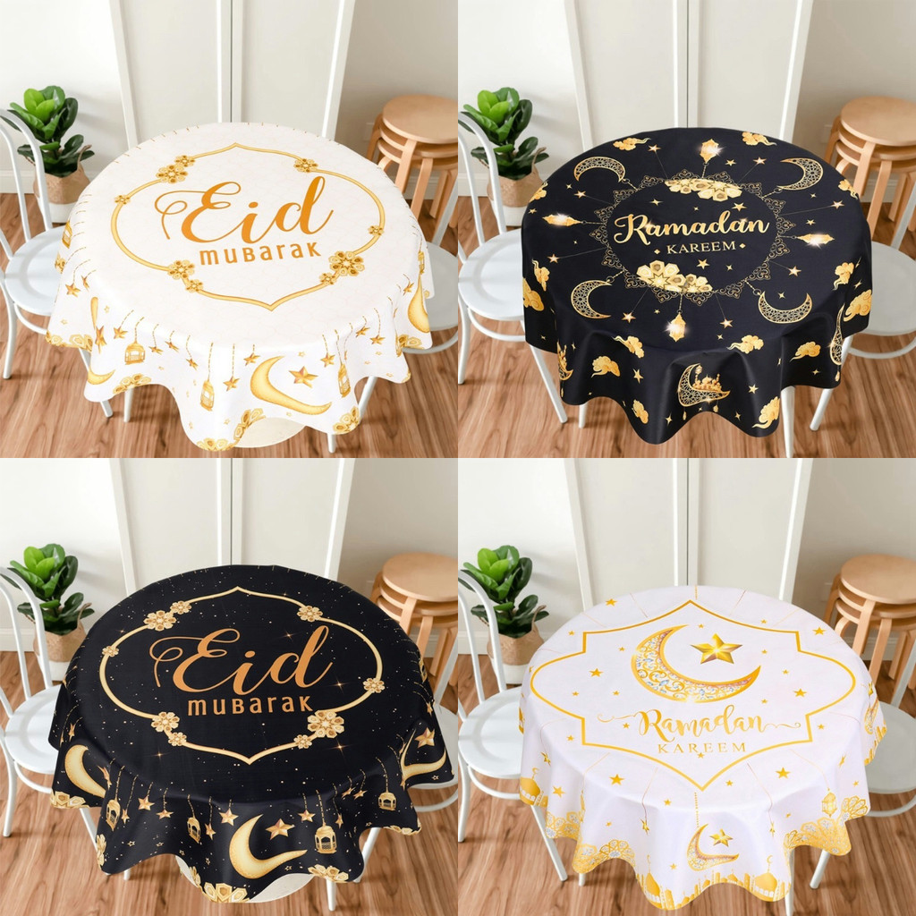 Eid Mubarak Round Tablecloth Balck Gold Stars And Moon Pattern White ...