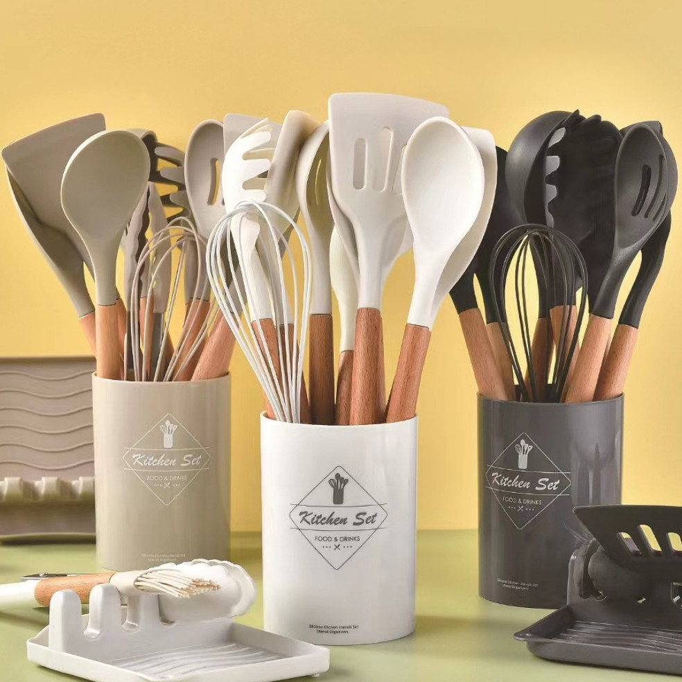 12 pcs wooden handle kitchen utensil set with heat resistant silicone ...