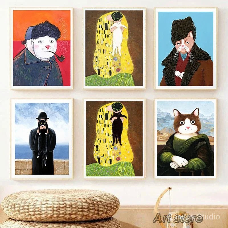 Classic Artist Klimt Cat Kiss Mona Lisa Van Gogh Painting on Canvas ...