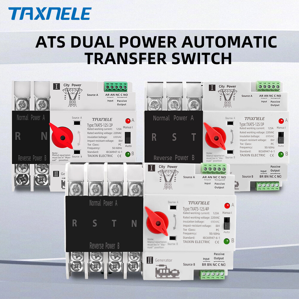 TAXNELE Din Rail 2P 4P ATS Dual Power Automatic Transfer Switch 63A 125A Selector Switches ...