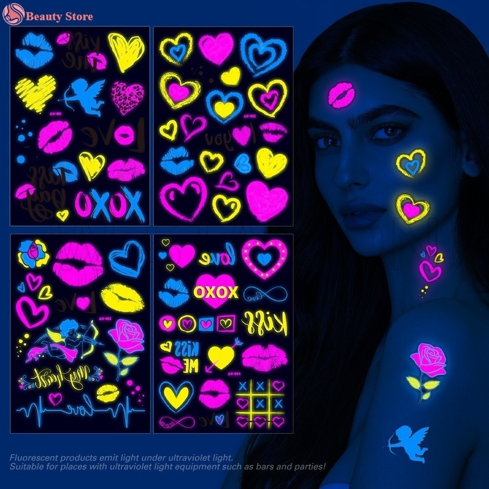 Glow Waterproof Party Tattoo / Fluorescent Love Heart Graffiti Face ...