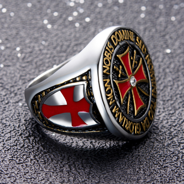 Domineering Knights Templar Rings for Men Silver Color Red Cross Inlaid ...