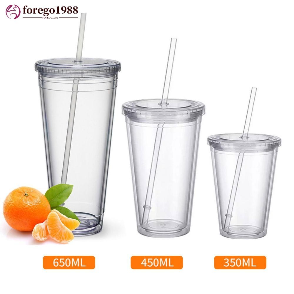 FOREGO1988 350ml/450ml/650ml Clear Tumbler With Straw Reusable Transparent Double-layer Water ...