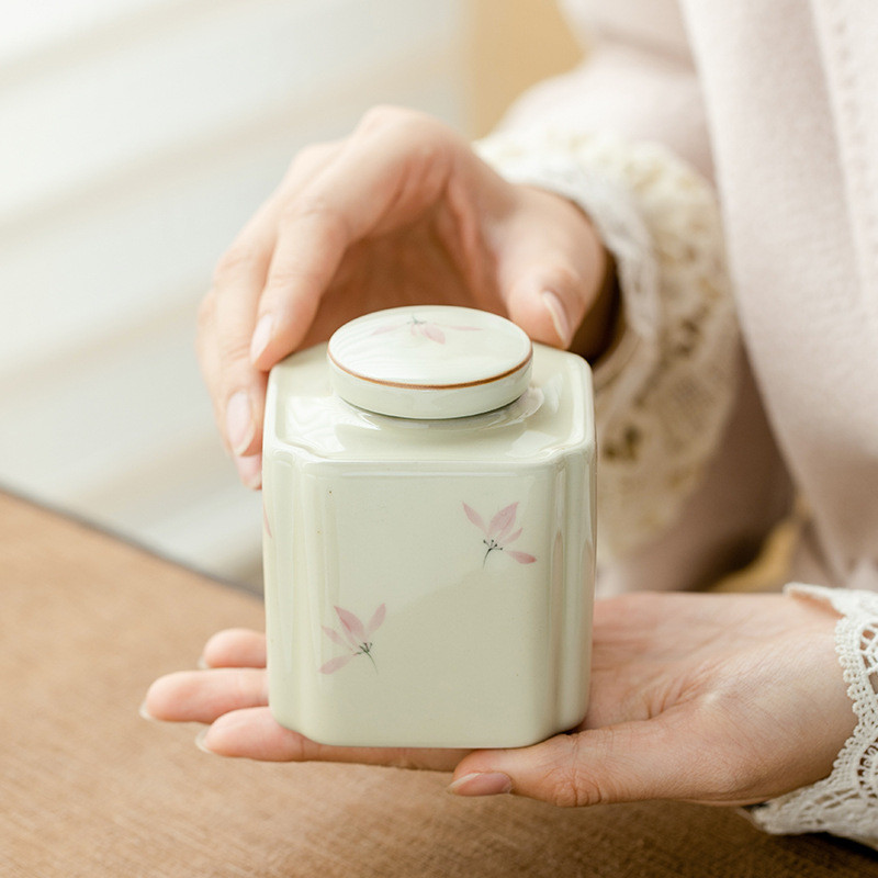Pure Hand-Painted Powder Orchid Square Tea Caddy Ceramic Tea Caddy ...
