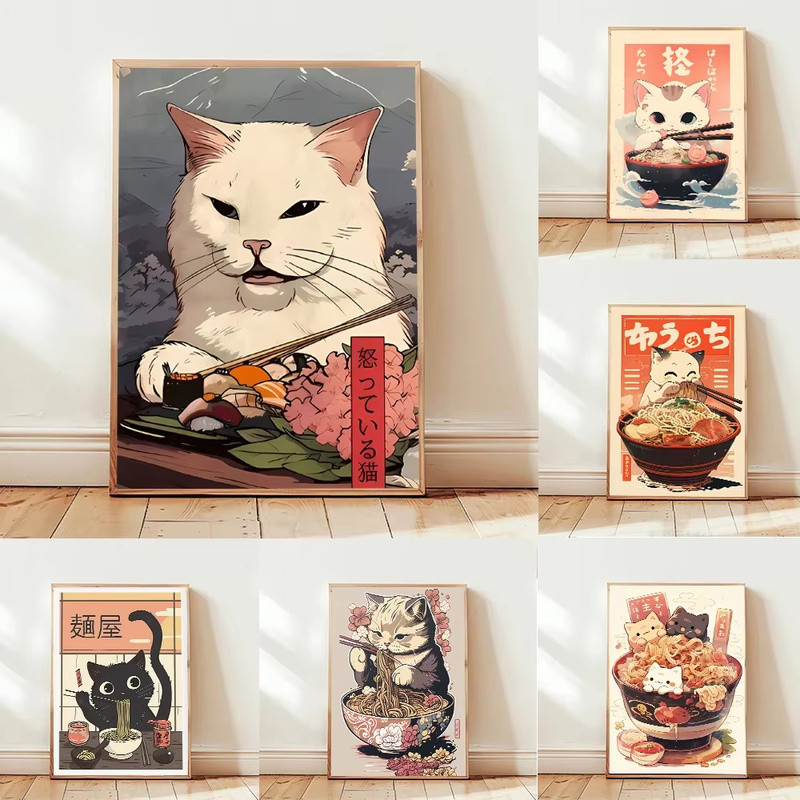 Kawaii Japanese Ramen Animal Cat Posters Canvas Prints Paintings Home ...