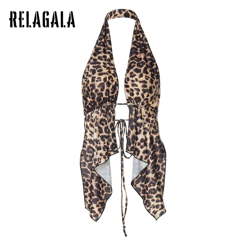 RELAGALA Women 2025 Sexy Backless Leopard Print Halter Neck Sleeveless ...