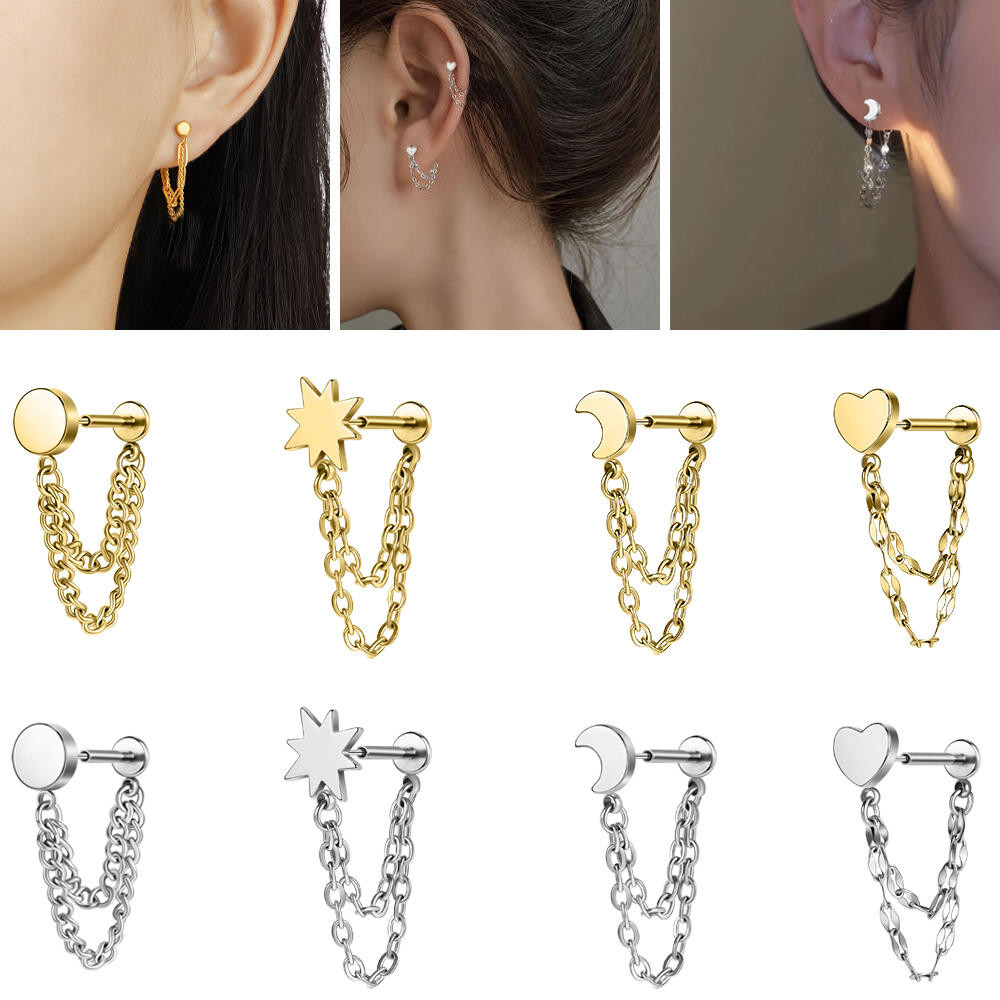 1 PC Stainless Steel Ear Stud Piercing 18G Dangle Stud Earring Push-in ...