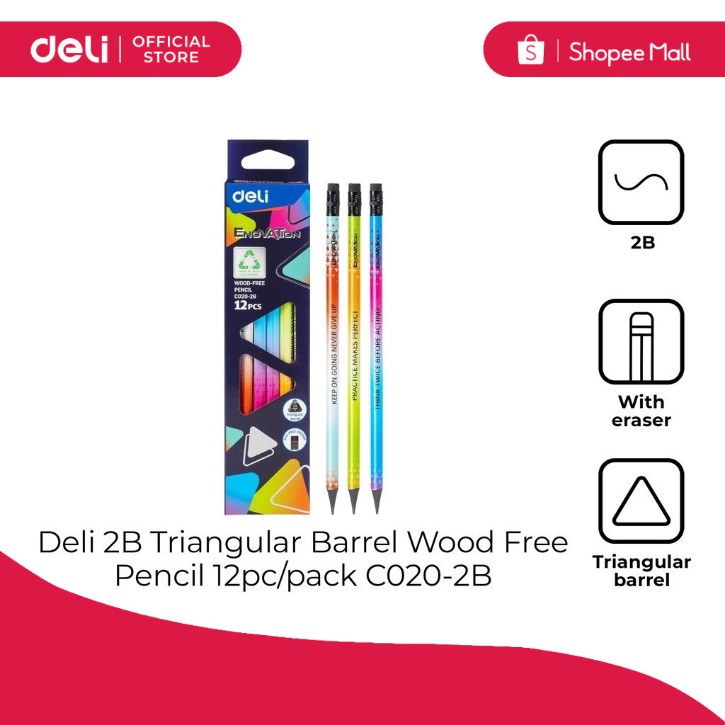 Deli C020-HB 2B Triangular Barrel Wood Free Pencil 12pc/box | Shopee ...