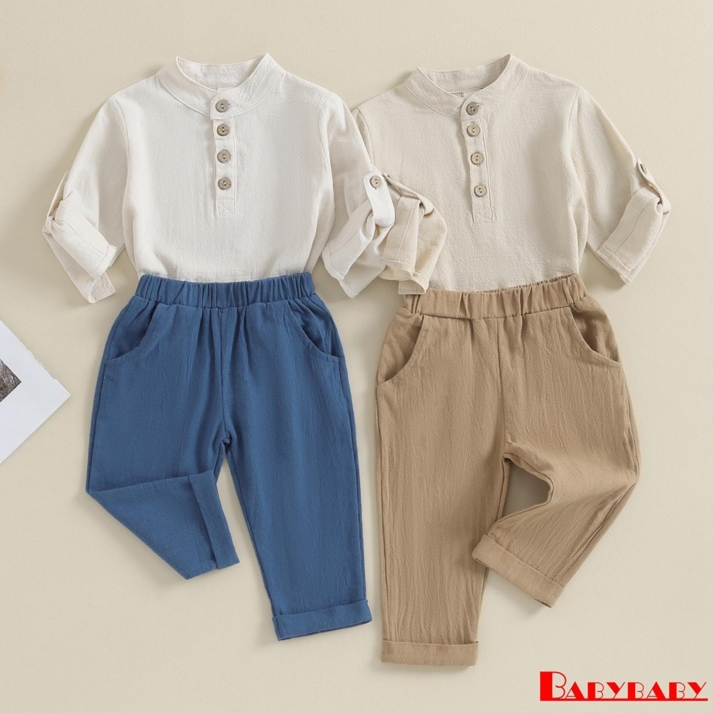 Bab-Kids Boys Solid Color Buttons Short Sleeve Shirts and Elastic Waist ...