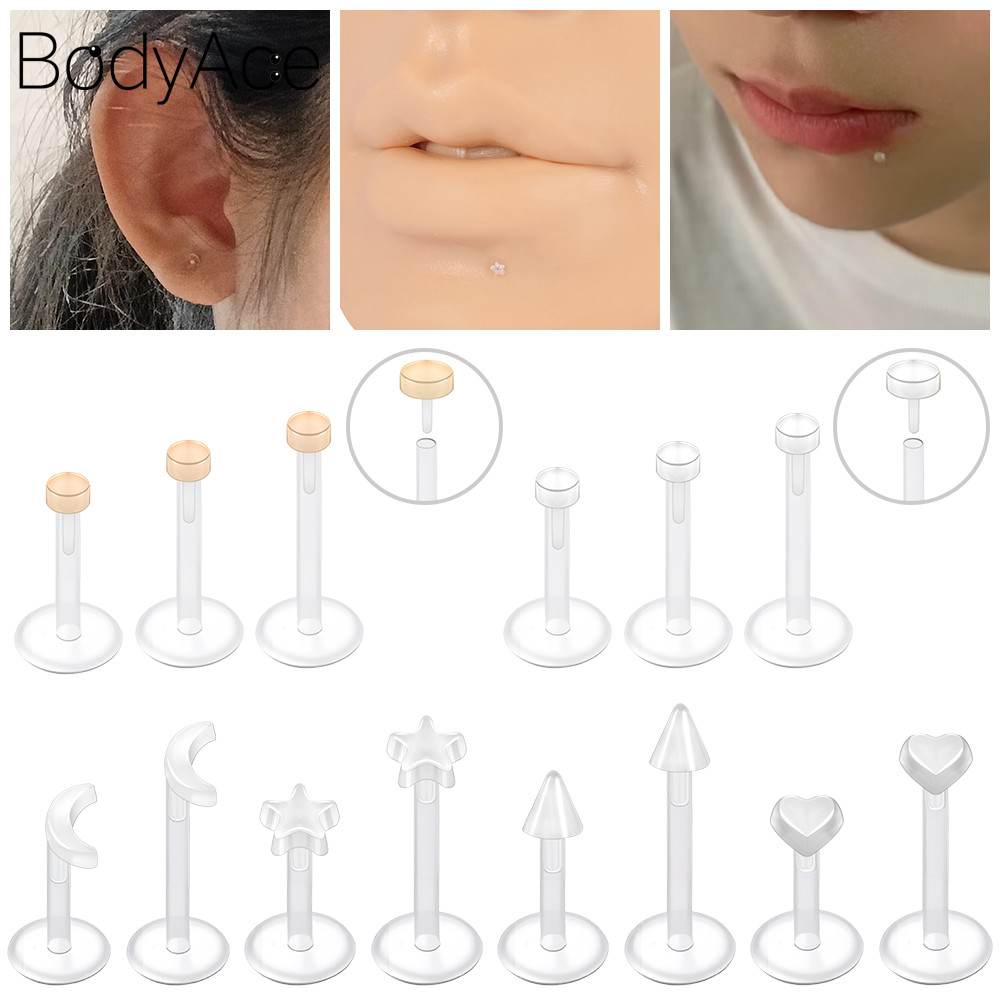 Bodyace 16G Lip Stud Transparent Lip Piercing Moon Shape Labret ...