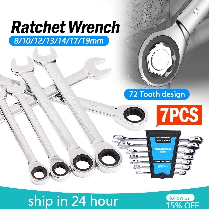 7Pcs/set Rachet Combination Wrench Steel Chrome Vanadium 8mm/10mm/12mm/13mm/14mm/17mm/19mm ...
