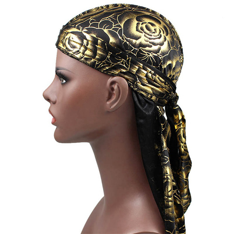 Black Gold Flower Rose Design Silk Durag Cap Doo rag Scarf Dew rag Wrap ...