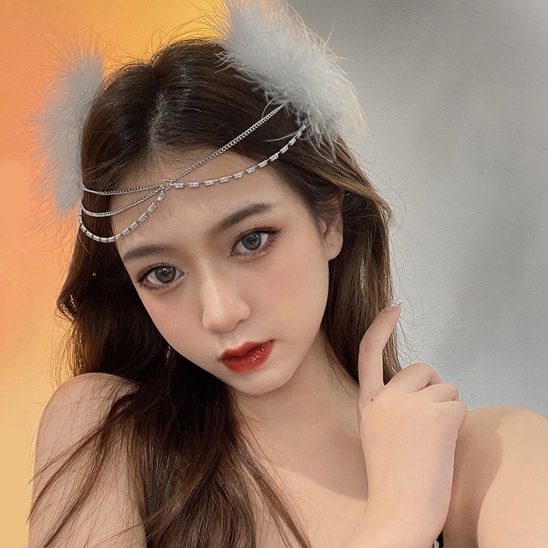 Sweet Rystal Tassel Chain Headdress with Feather Wedding Party Hair ...