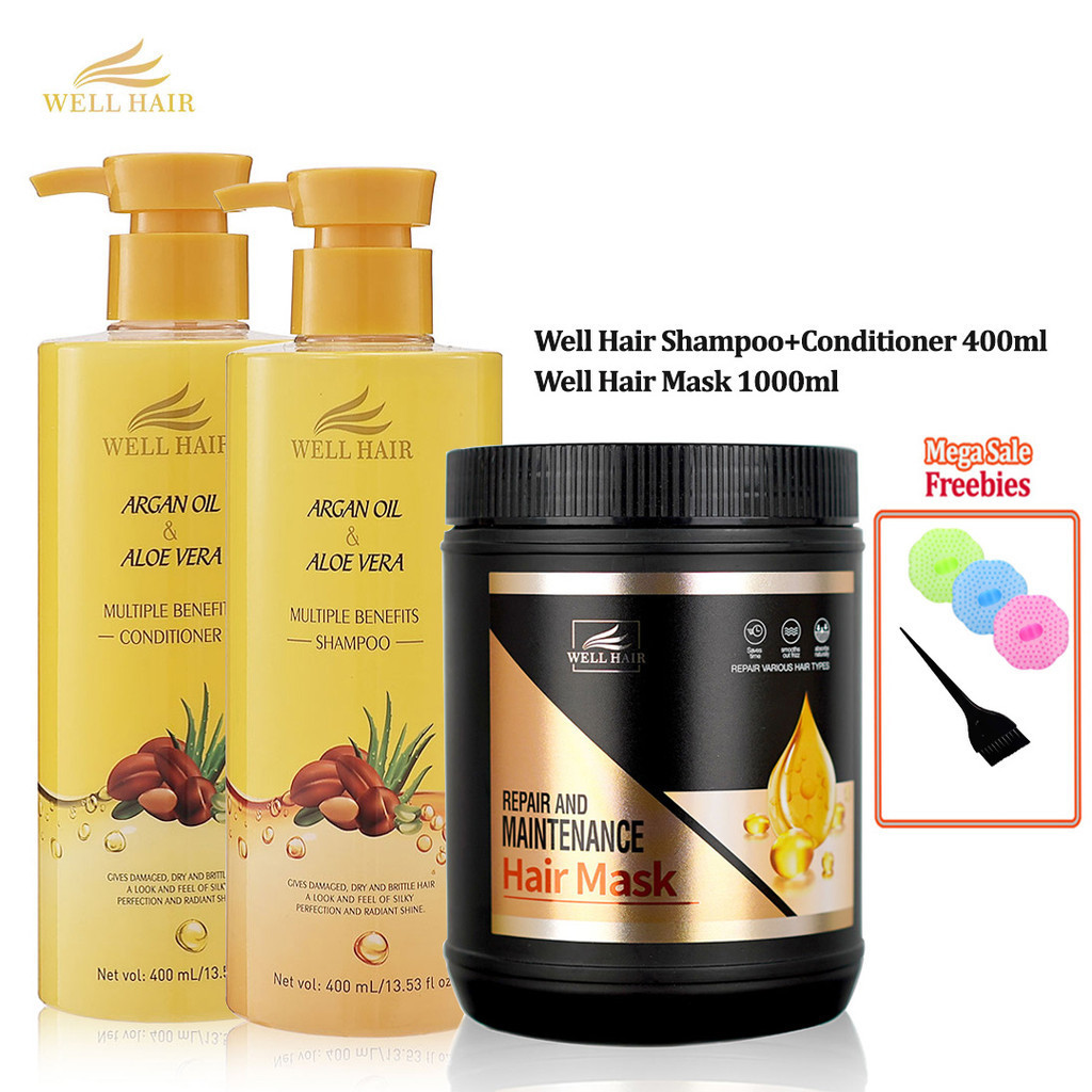 Well Hair Mask 1000ml with Well Hair Dual Essence Argan Oil & Aloe Vera ...
