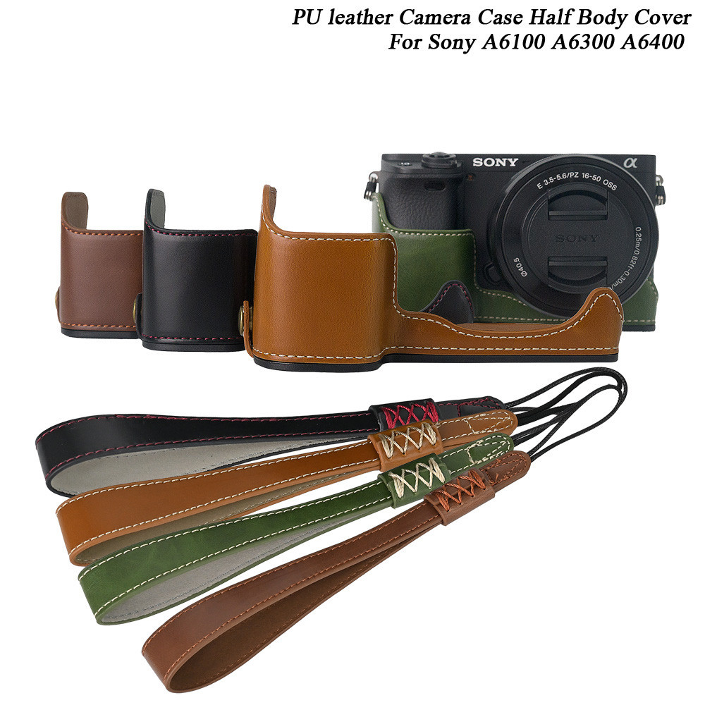 PU Leather Camera Case Half Body Cover With Wrist strap For Sony A6000 ...
