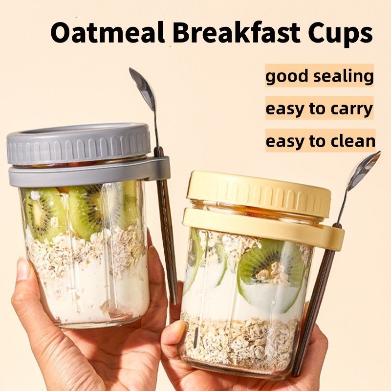 350ml Reusable Overnight Oats Jars with Spoon Airtight Oatmeal Cup Container with Measurement ...