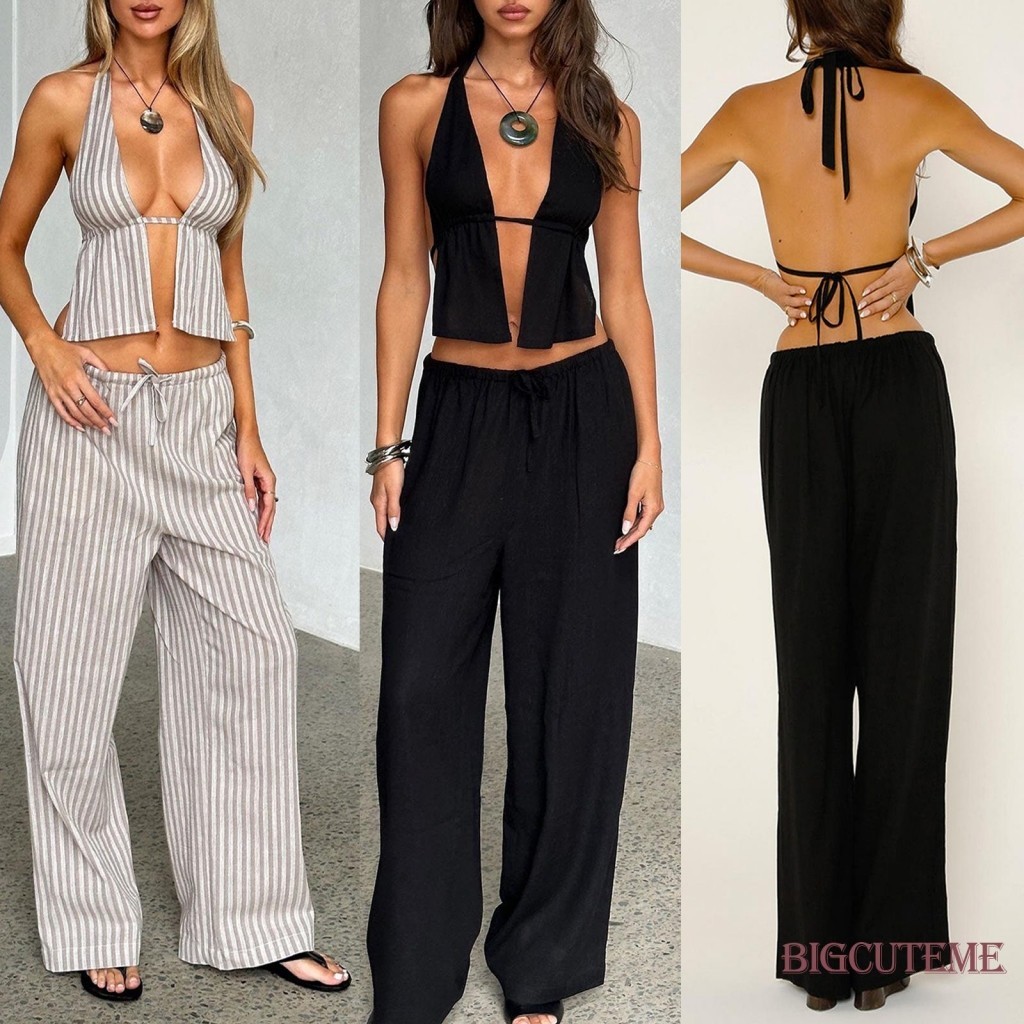 []-Women 2pcs Set Stripe Tie-Up Halter Neck Backless Sleeveless Tank ...