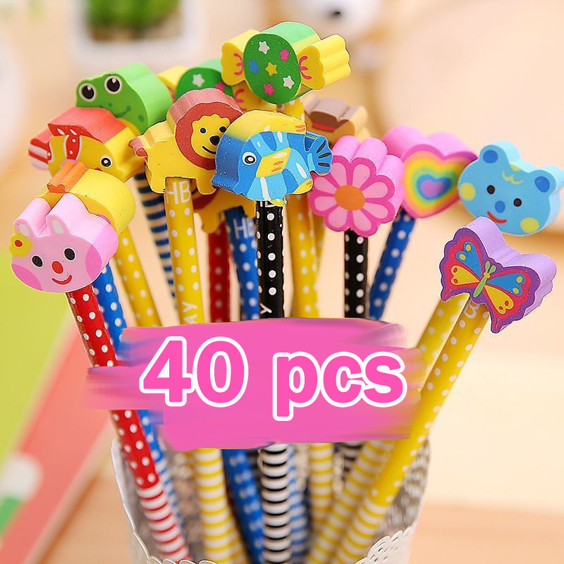 Adorable 20-40Pcs Rubber Head Pencils Set Colorful Cartoon Pencils ...