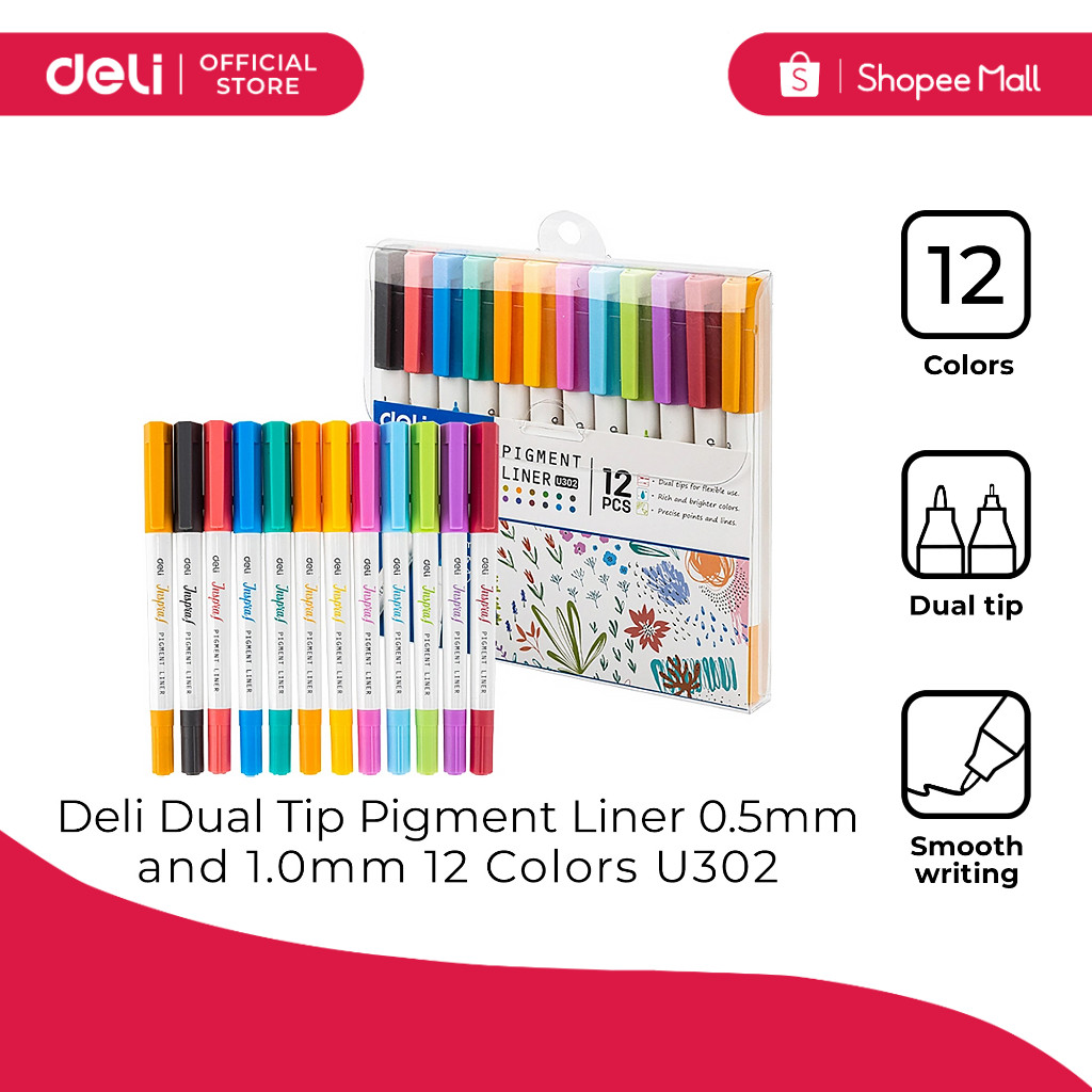 Deli U302 Dual Tip Pigment Liner 12 Colors | Shopee Philippines