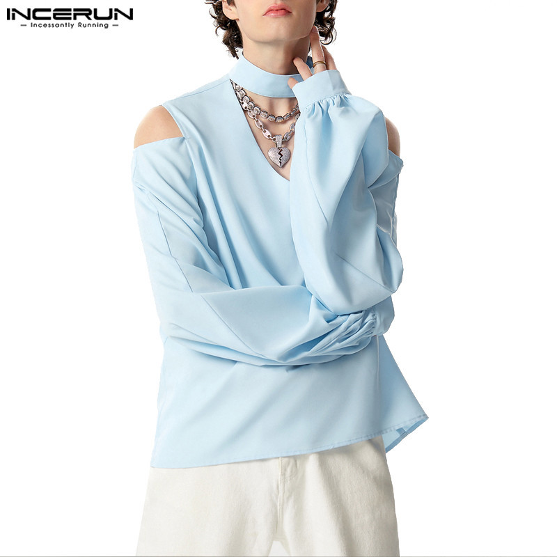 INCERUN Men Vintage V-Neck Long Sleeve Cut-Out Shoulder Design Shirts ...