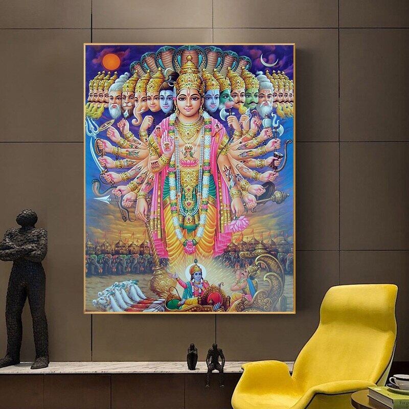 Classic Lord Krishna Hindu God Oil Painting Lotus Temple Shiva Canvas ...