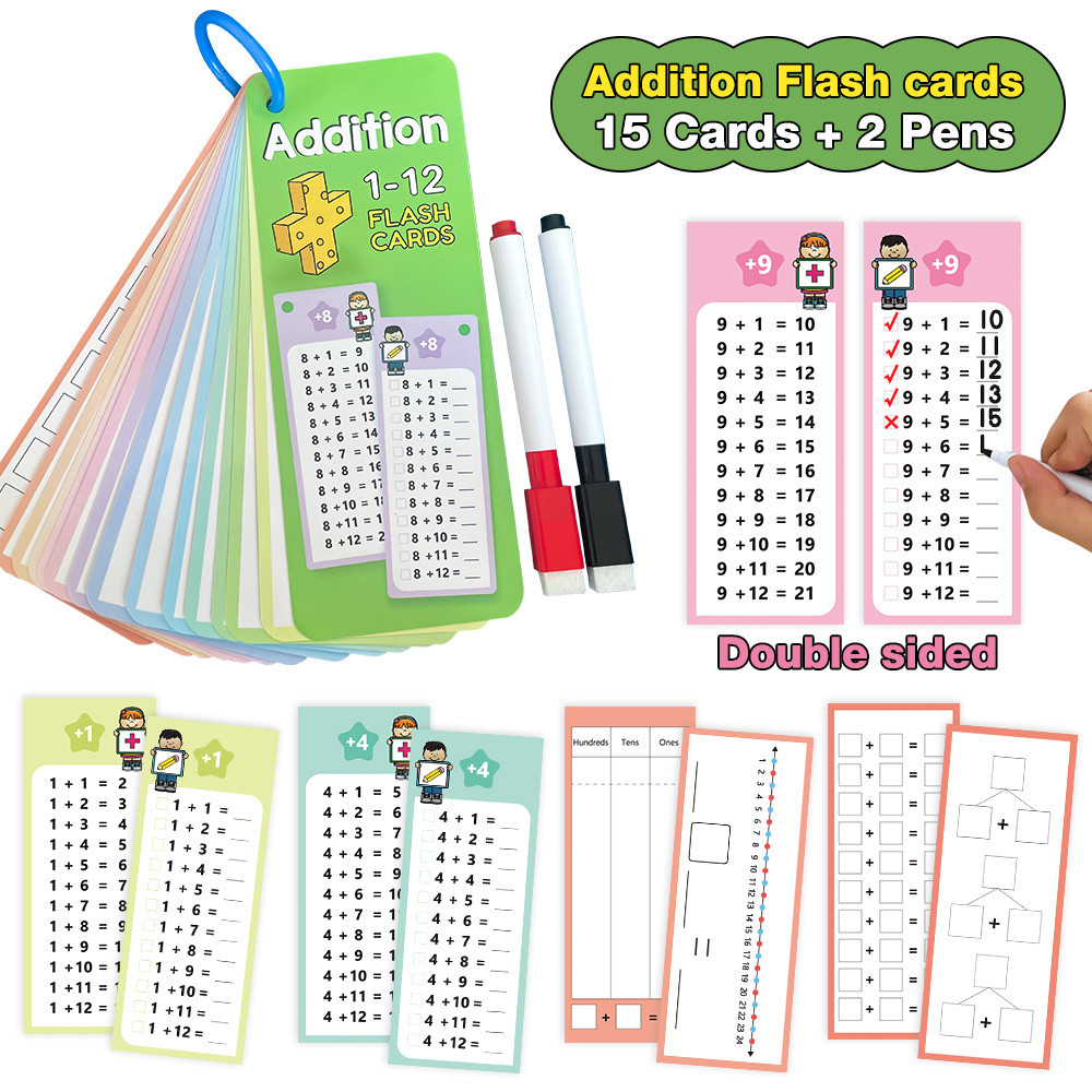 Double Sided 1-12 Addition Math Flashcards for Kids Children Dry Erase ...