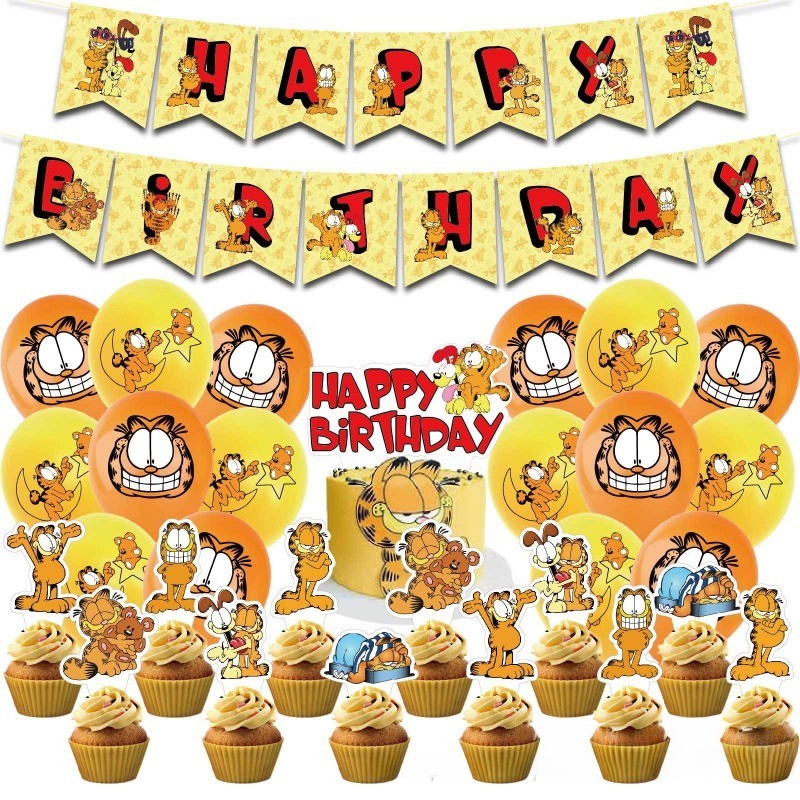 Cute Garfield Cartoon Party Kids Birthday Decoration Set Banner Cake ...