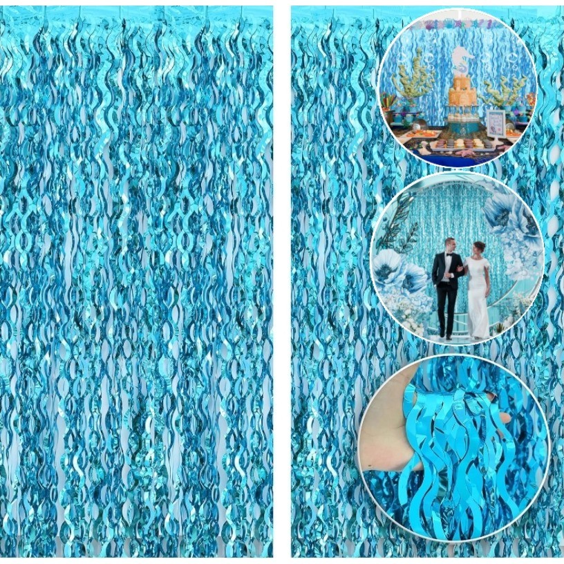 laser Wavy Blue Foil Fringe Curtain 1MX2M, Blue Water Streamer Backdrop ...