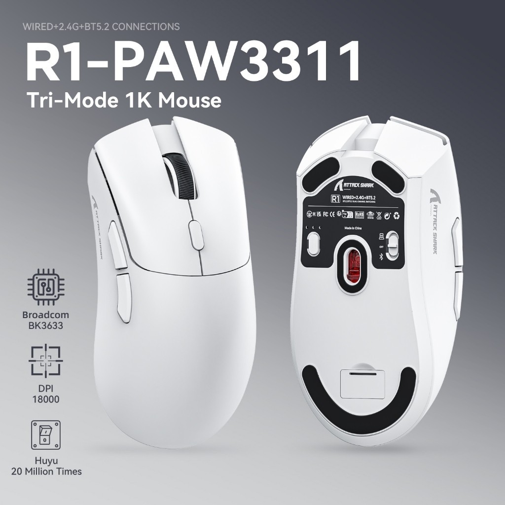 Attack Shark R1 Mouse PAW3311 Mouse Three Modes Bluetooth Wireless ...