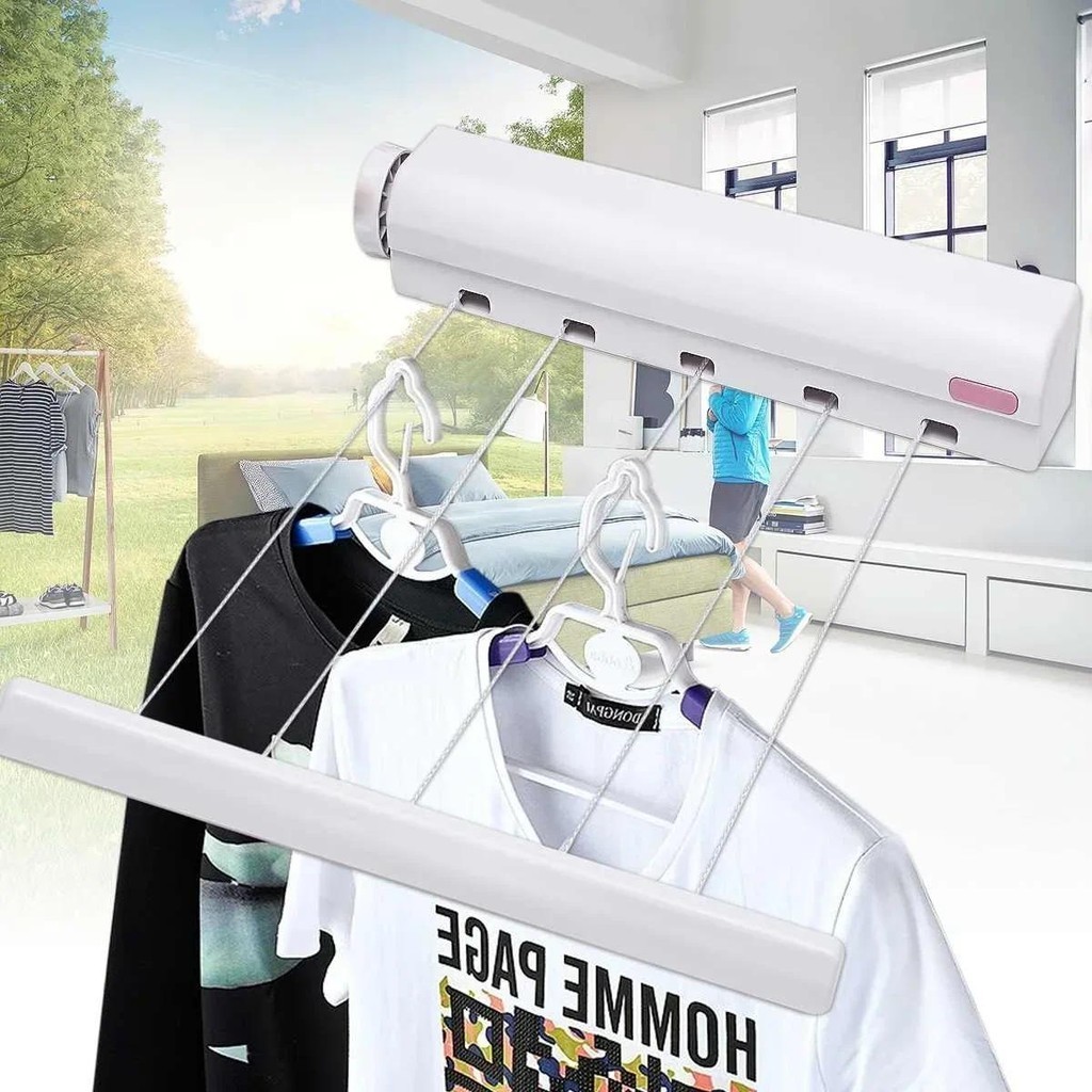 5 Line Retractable Clothes Airer Washing Line Laundry Wall Mount Dryer ...