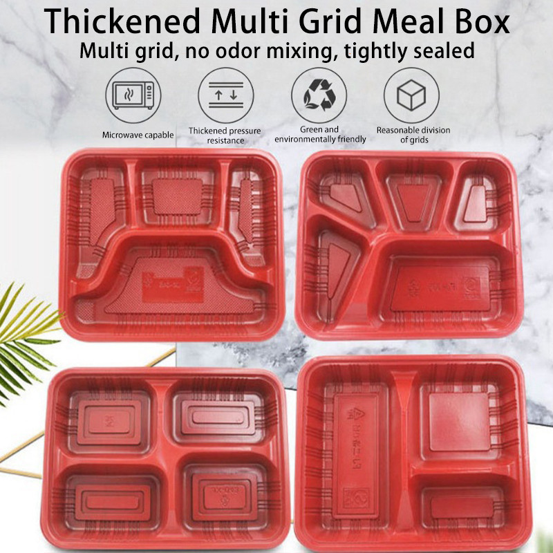 100pcs 950ml Thick food material red bento box 3/4 grid partition ...