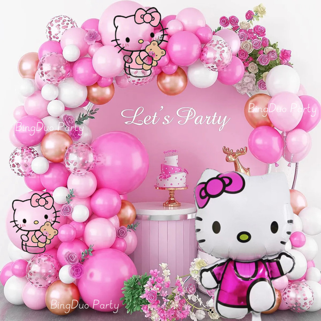 Hello Kitty Theme Balloons Set Pink White Rose Red Balloon Standing ...
