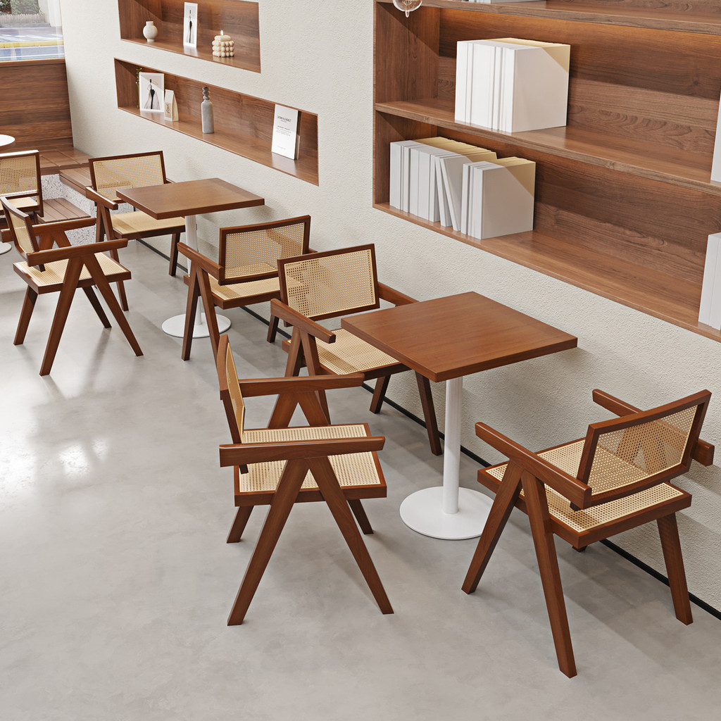 Cafe Table and Chairs Solid Wood Rattan Leisure Meeting Table and ...