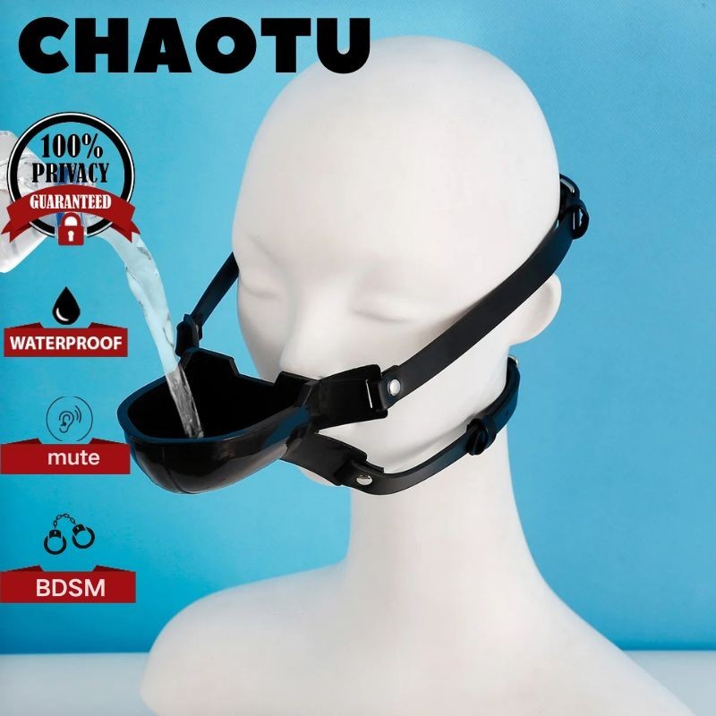 Watering Silicone Mouth Gag Mask Hood PU Leather Oral Enema Drool Plug ...