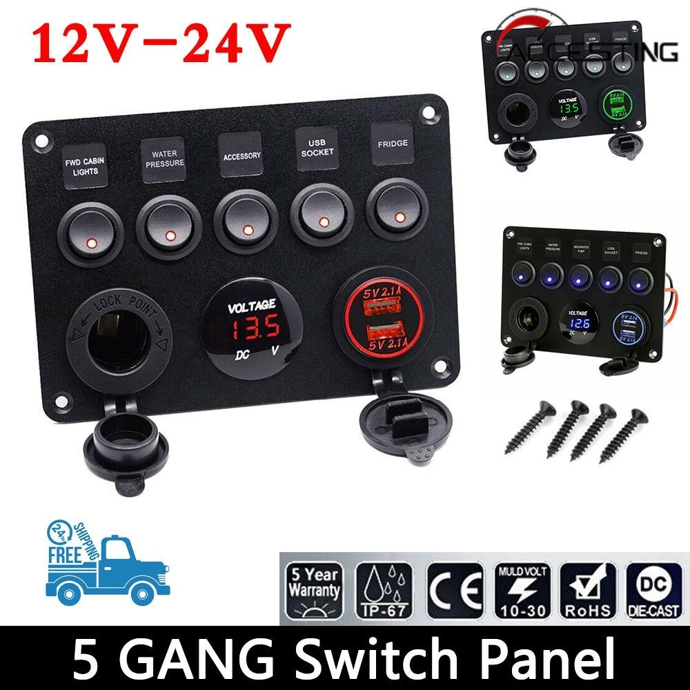 12V 24V 5 Gang LED Switch Panel Dual USB Switch Panel Car Boat Truck ...