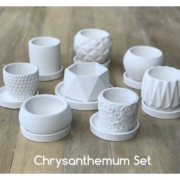 Chrysanthemum Set, 8 POTS AND 8 CATCH PLATES, Concrete Pots with Drain ...