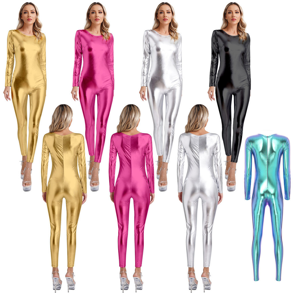 YOOJIA Womens Metallic Shiny Unitard Dancewear Round Neck Long Sleeve ...