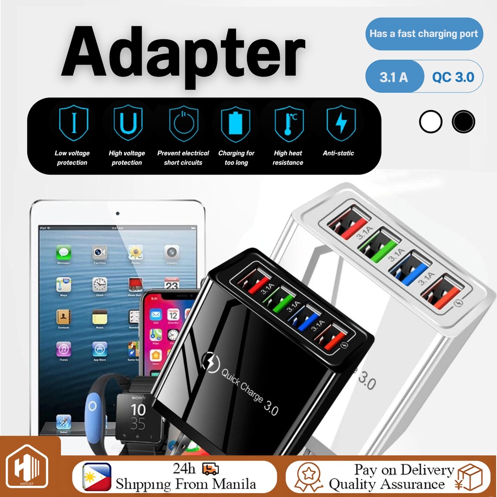 4 Ports USB Charger QC 3.0 USB Hub Wall Charger 3A Smart Fast Charging ...