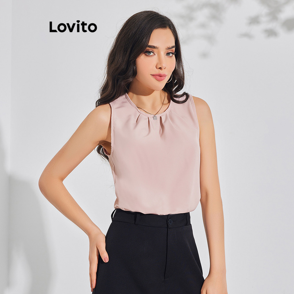 Lovito Women Casual Plain Pleated Water Drop Tank Top LBL08015 | Shopee ...