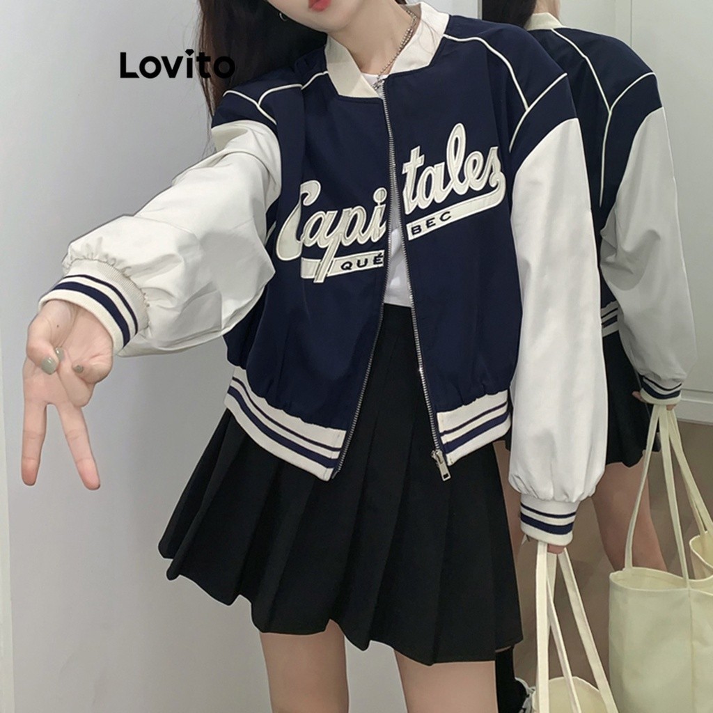 Lovito Women Embroidery Colorblock Front Zip Jacket LNA29492 | Shopee ...