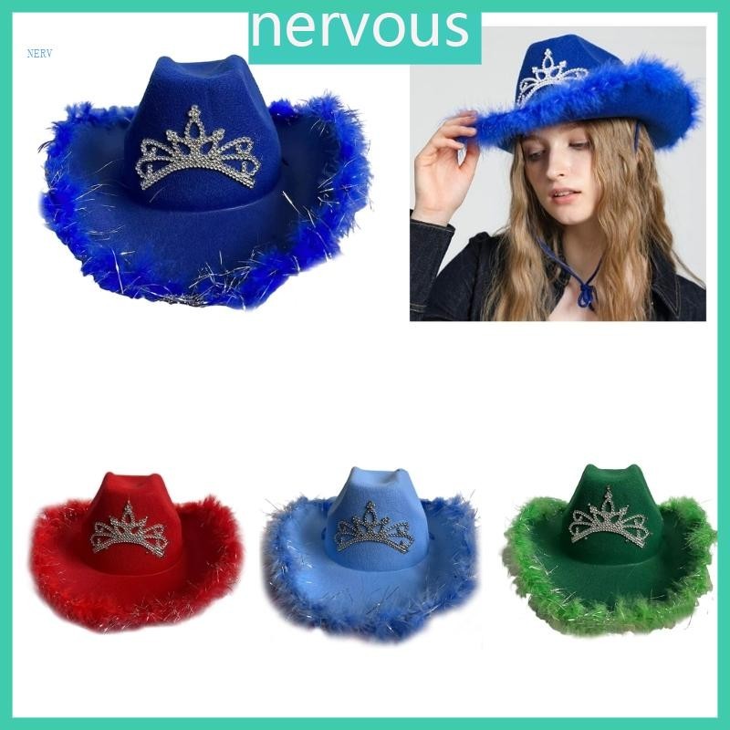 NERV Vintage LED Feather Brim Cowboy Hat with Rhinestones Crown Women ...