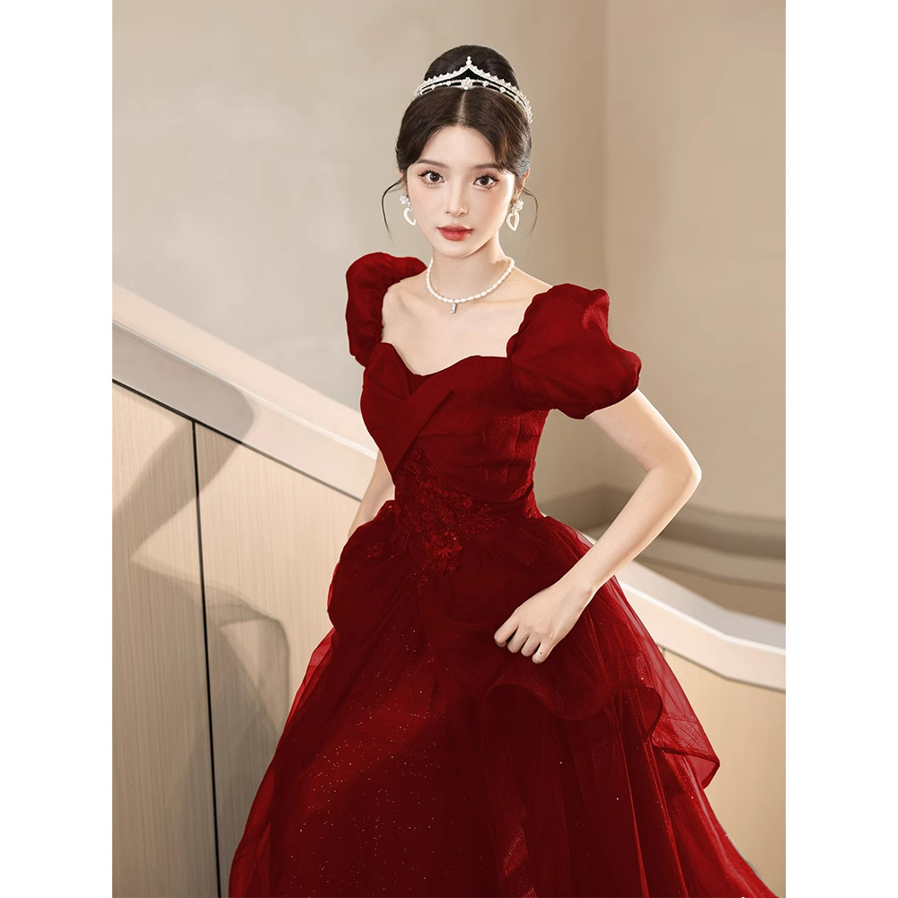Hawlife Korean Red Elegant Puff Sleeve Civil Wedding Prom Cocktail ...