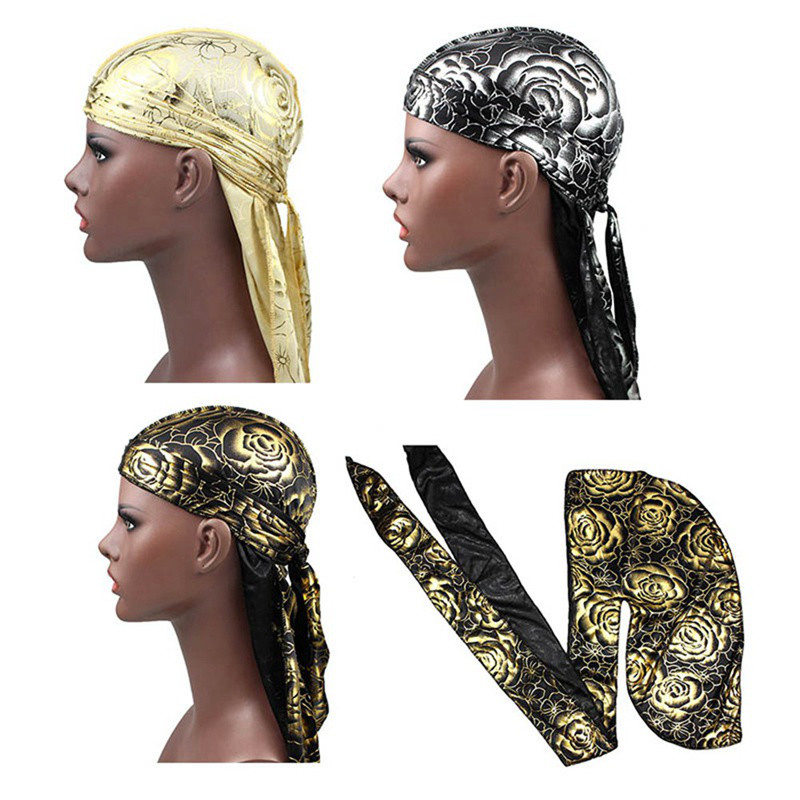 Black Gold Flower Rose Design Silk Durag Cap Doo rag Scarf Dew rag Wrap ...