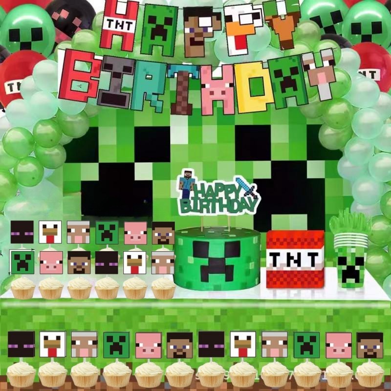 Minecraft Theme Balloons Party Decorations Happy Birthday Banner ...