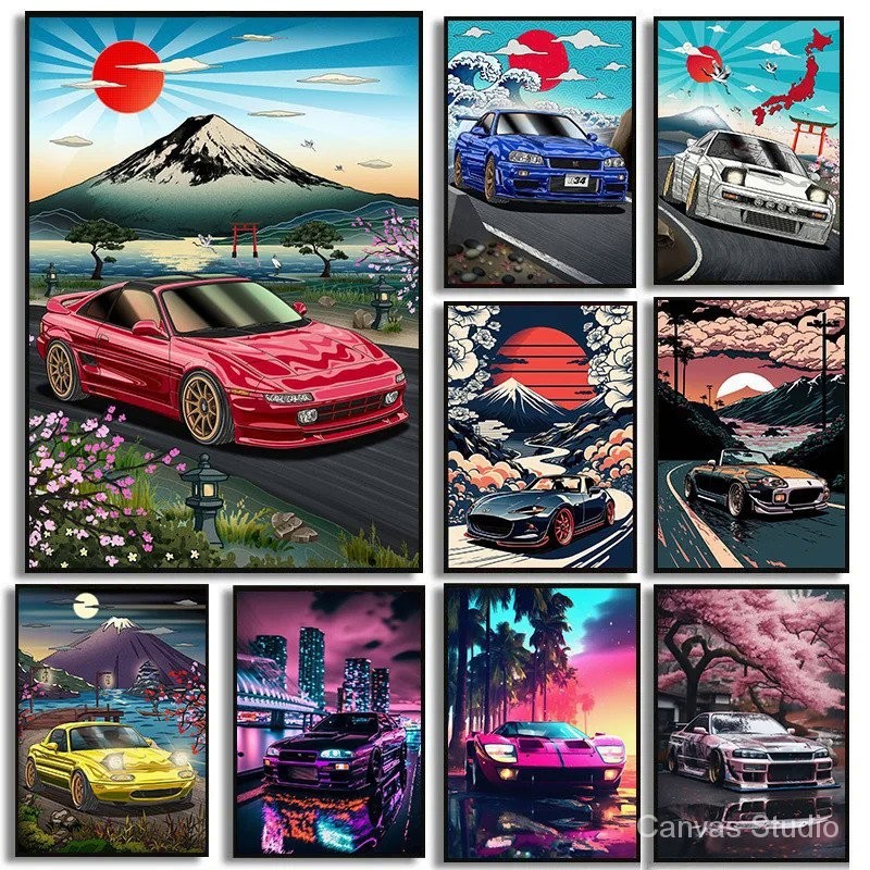 Vaporwave-Retro JDM GTR Japanese car poster canvas painting wall art ...