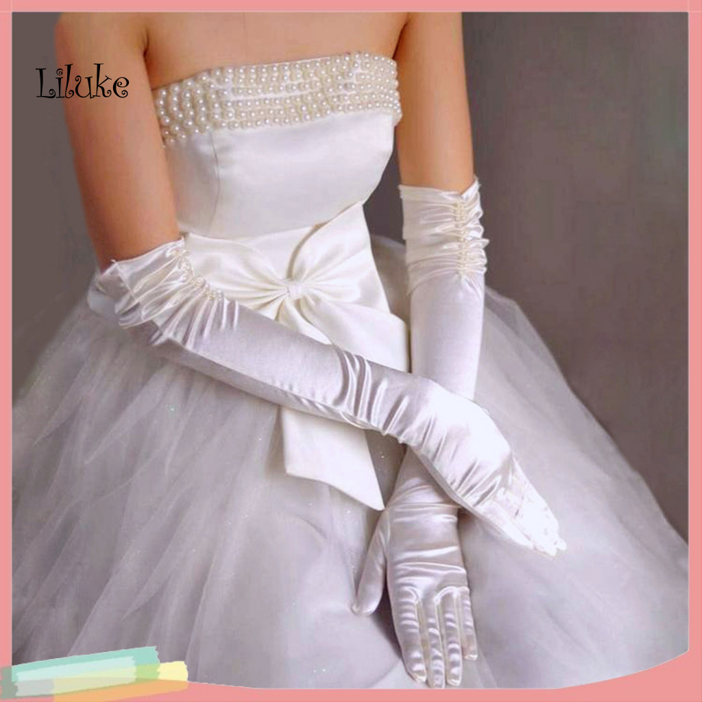 LK Elegant Women Gloves Ladies Satin Gloves Elegant White Pearl Pleated ...