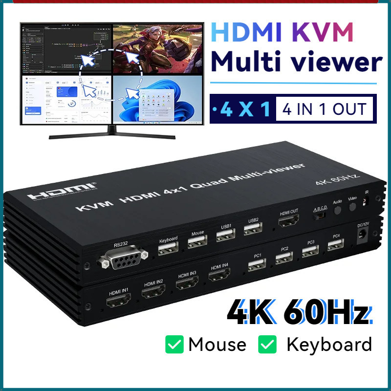 4 Port HDMI Multi viewer KVM Switch 4K 60Hz Multivisor HDMI KVM Quad 4x1 Seamless Segmentacion ...